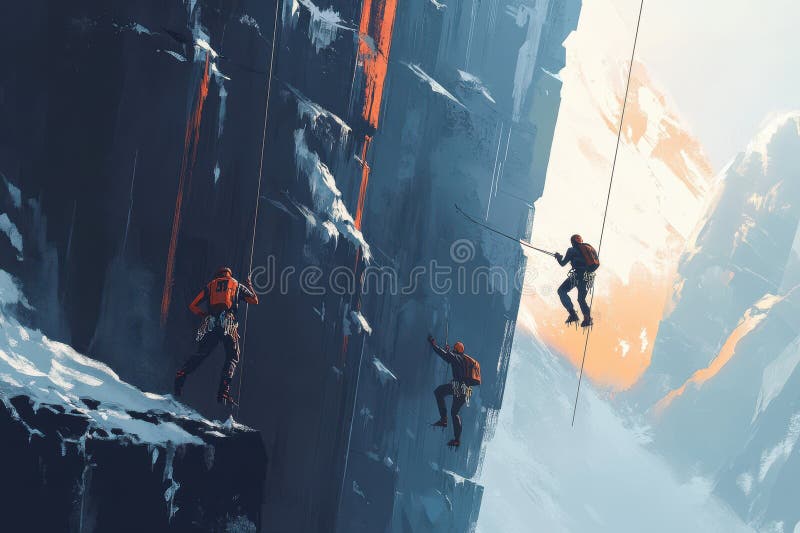 Three Climbers Descending a Steep, Icy Mountain Face Stock Illustration ...