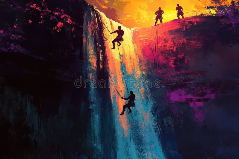 Three Climbers Rappelling Down a Colorful Waterfall Stock Illustration ...