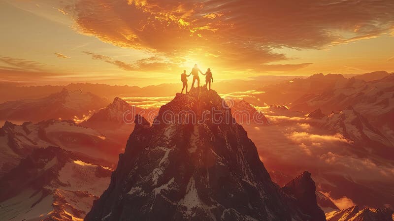 Three Climbers Reaching the Mountain Peak at Sunset. Stock Photo ...