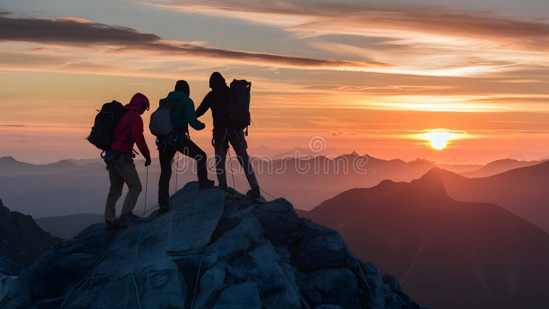 Three Climbers Reaching the Summit at Sunrise, Symbolizing Teamwork ...