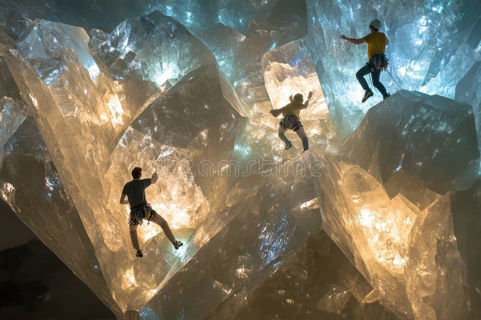 Three Climbers Scaling Giant Crystal Formations Stock Illustration ...