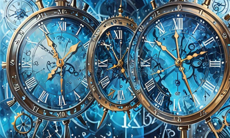 Three Clocks with Blue and Gold Faces Stock Illustration - Illustration ...