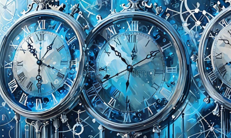 Three Clocks with Blue and White Stock Illustration - Illustration of ...