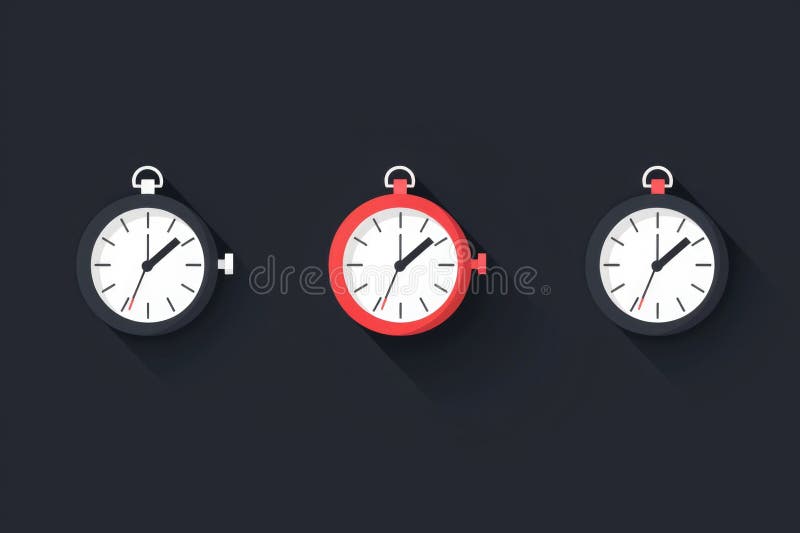 Three Clocks with Long Shadows on Dark Background. Suitable for Time ...