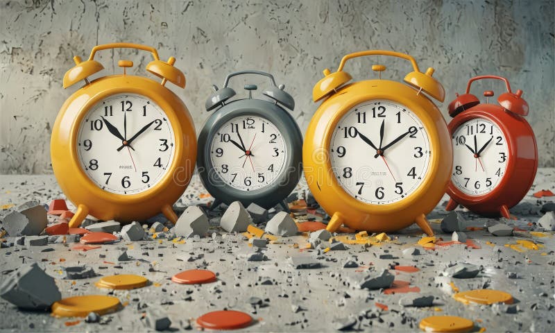 Three Clocks are Sitting on Table with Broken Glass Stock Illustration ...