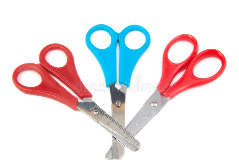 Three Closed Blue and Red Scissors for Kids on a Stock Photo - Image of ...