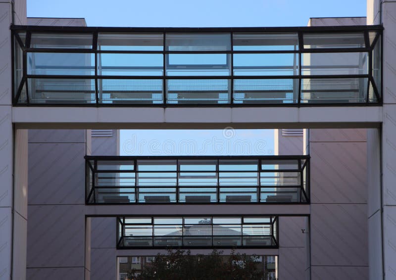 Three Closed Glass Window Bridge between Buildings Stock Image - Image ...