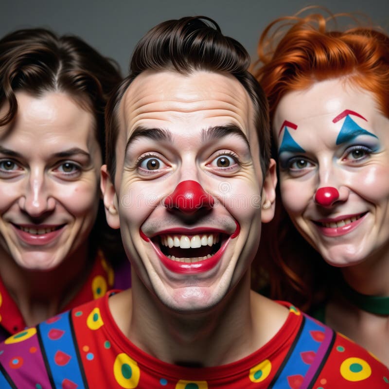 Three Clown Masks Showing Different Expressions Three Grimacing One ...