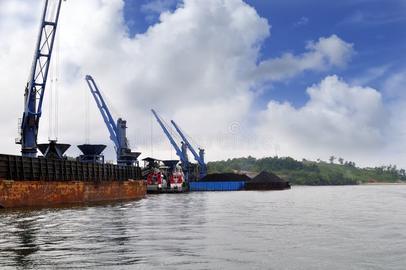 Three Coal Barge Was Unloading Cargo at the Port Stock Image - Image of ...