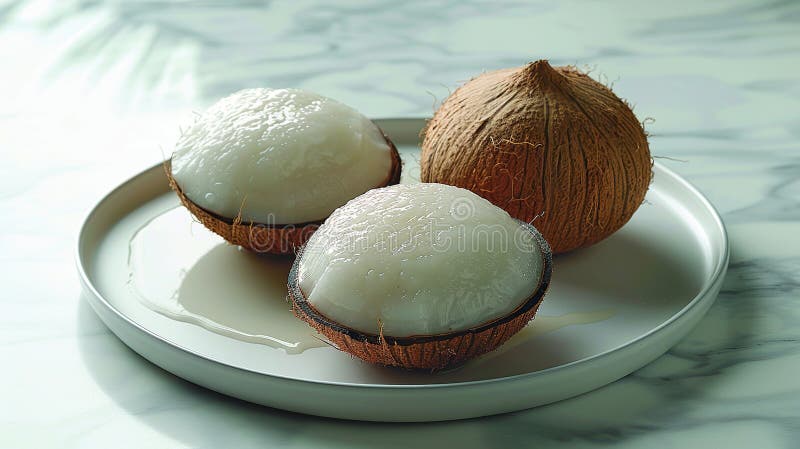 Three Coconut Halves on a Plate Stock Illustration - Illustration of ...