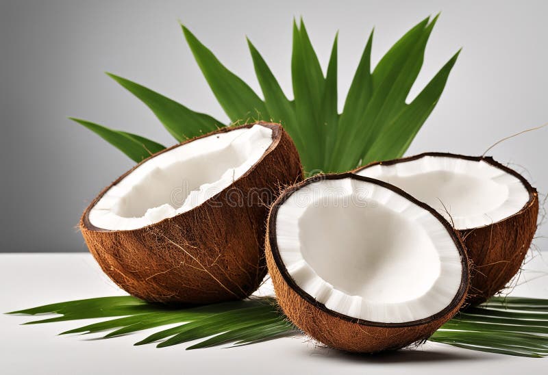 Three Coconut Halves with White Flesh and Brown Shells on Green Coconut ...