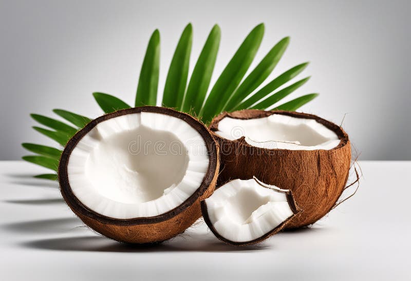 Three Coconut Halves with White Flesh and Brown Shells on Green Coconut ...