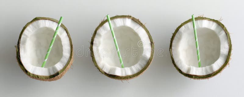 Three Coconuts, Colored Green and Equipped with Straws, are Arranged on ...