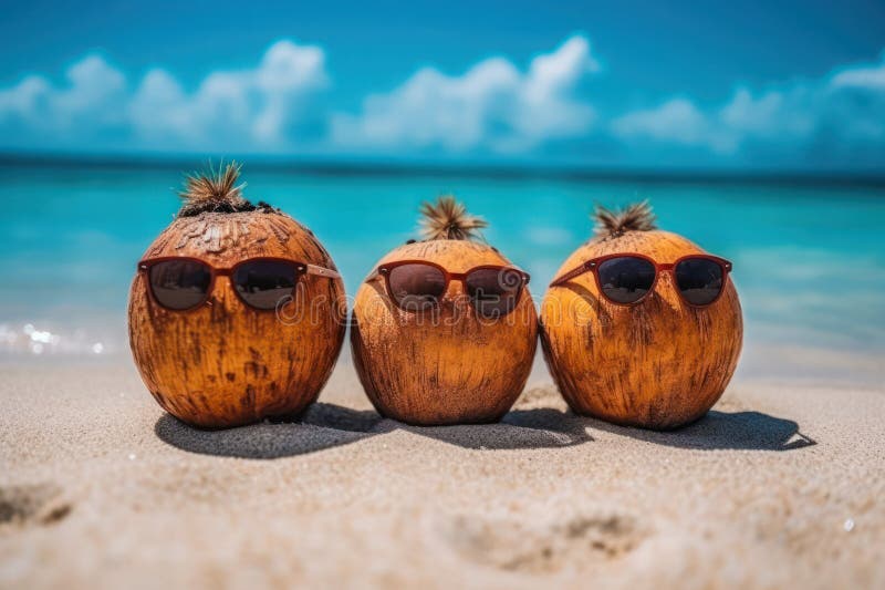 Three Coconuts with Glasses from the Sun in the Sand on the Beach Stock ...