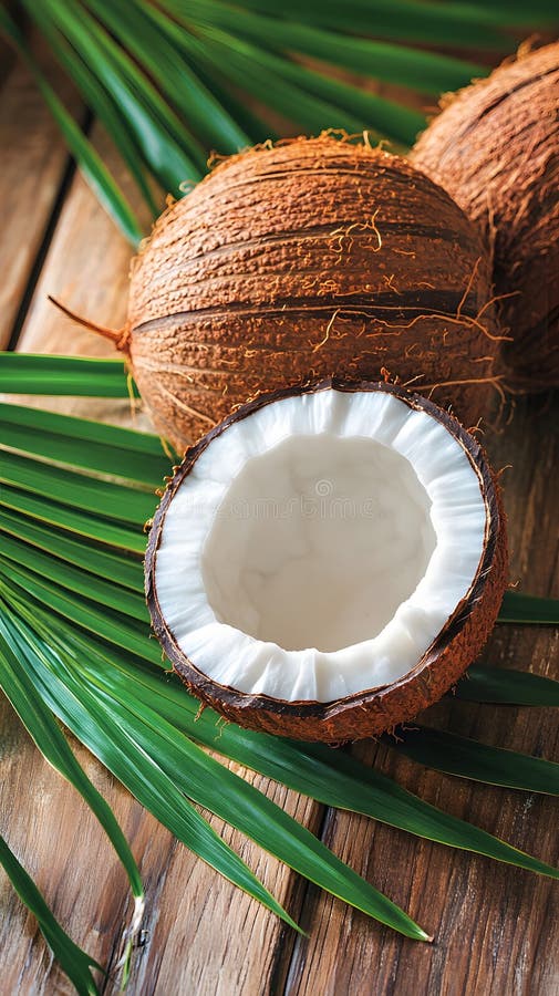 Three Coconuts One Cut in Half Stock Illustration - Illustration of ...