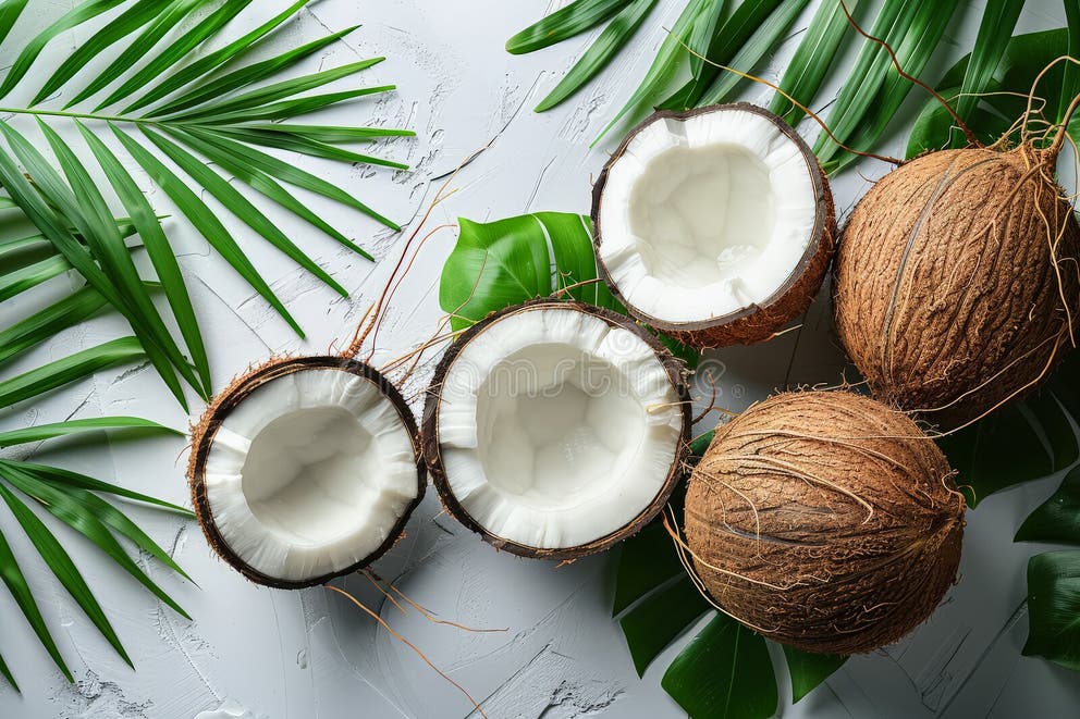 Three Coconuts with One of Them Cut Open. Stock Photo - Image of brown ...