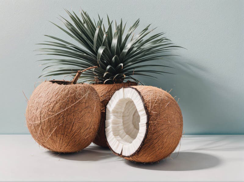 Three Coconuts with One of Them Cut Open Stock Photo - Image of green ...