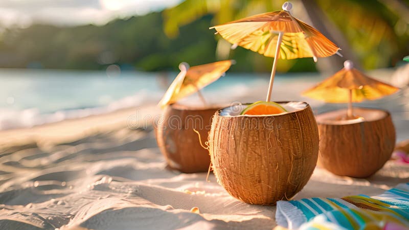 Three Coconuts Rest on Sandy Beach Under Bright Sun. Coconuts on Sandy ...