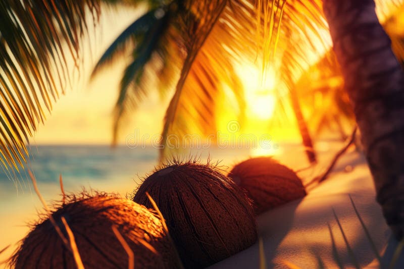 Three Coconuts Sitting on a Beach, Near the Ocean Stock Image - Image ...