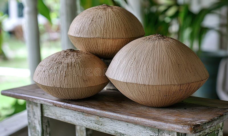 Three Coconuts Stacked on Rustic Table, Tropical Porch Setting Stock ...