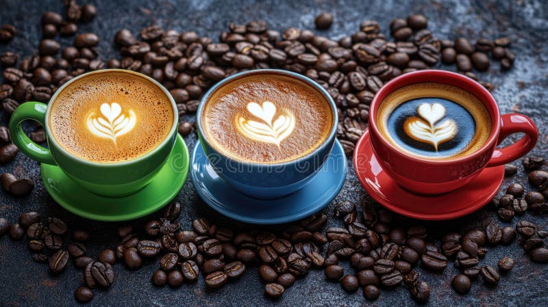 Three Coffee Cups with Heart Designs on Them Sit on a Table with Coffee ...