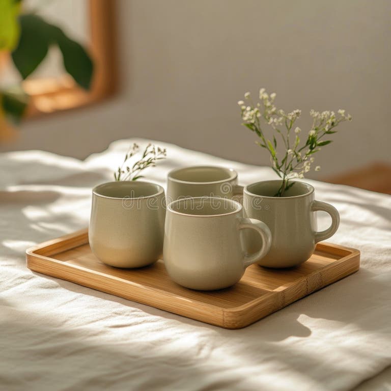 Three Coffee Cups on a Tray Placed on a Bed, Perfect for Morning ...