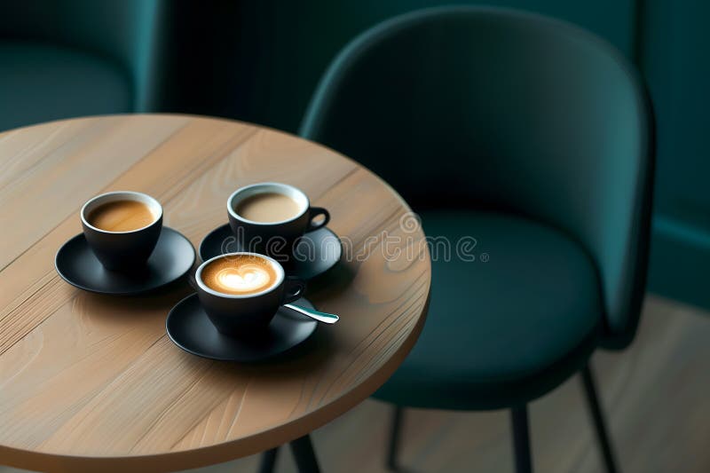 Three Coffee Cups on a Wooden Cafe Table and a Dark Blue Chair Stock ...