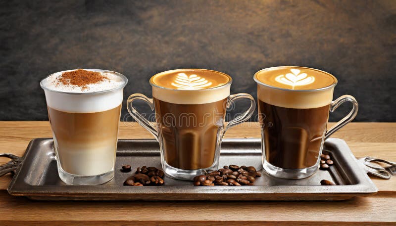 Three Coffees in a Tray.filter Coffee, Nescafe and Latte Stock ...