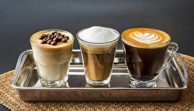 Three Coffees in a Tray.filter Coffee, Nescafe and Latte Stock ...