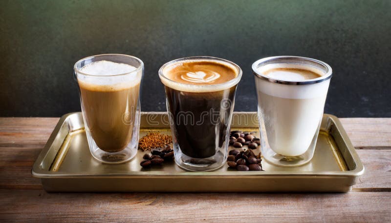 Three Coffees in a Tray.filter Coffee, Nescafe and Latte Stock ...