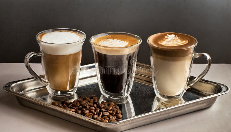Three Coffees in a Tray.filter Coffee, Nescafe and Latte Stock ...