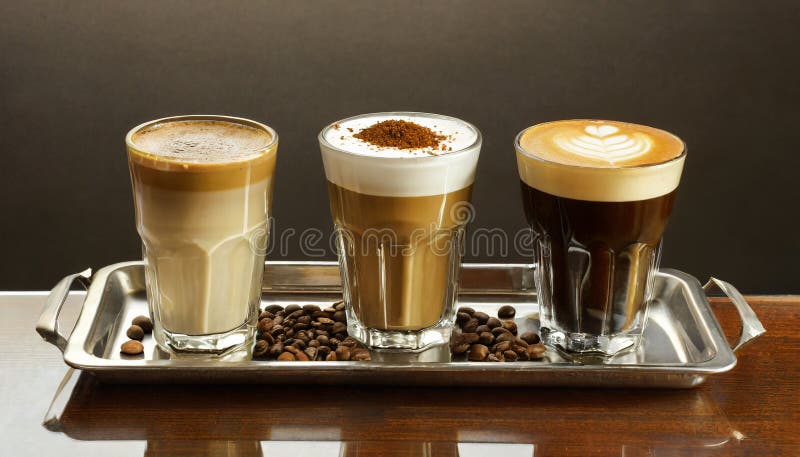 Three Coffees in a Tray.filter Coffee, Nescafe and Latte Stock ...
