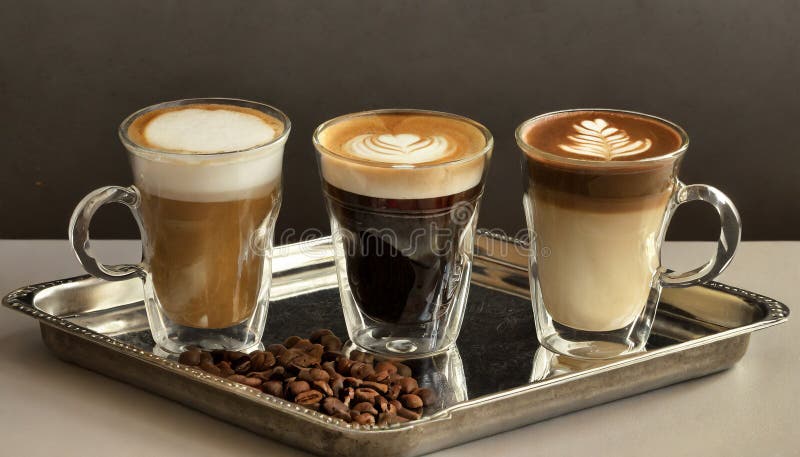 Three Coffees in a Tray.filter Coffee, Nescafe and Latte Stock ...