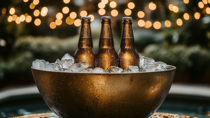 Three Cold Beer Bottles in Metal Ice Bucket, Sparkling Ice Cubes ...