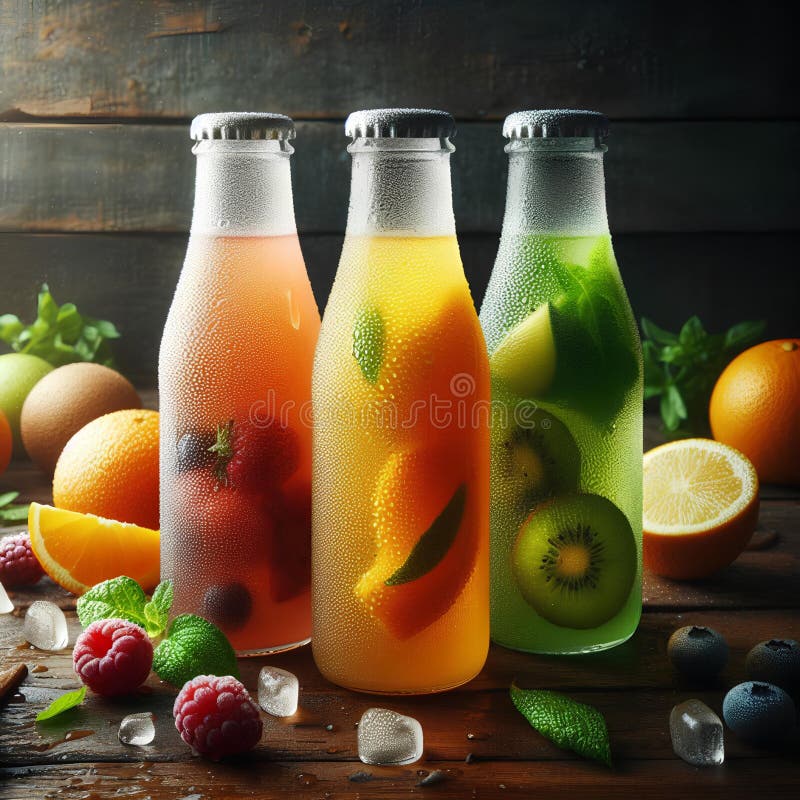 Three Cold Fruit Juice Bottles with Large Drops of Condensation on Them ...