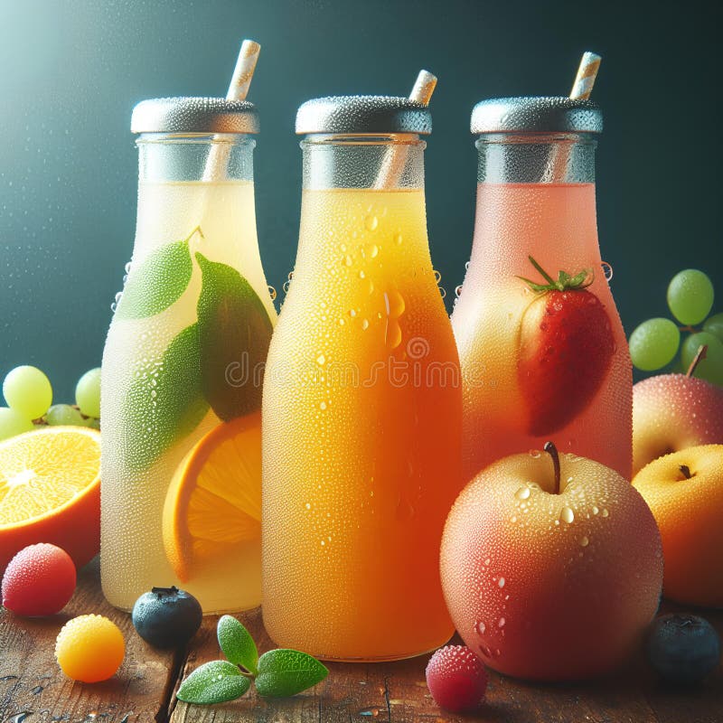 Three Cold Fruit Juice Bottles with Large Drops of Condensation on Them ...