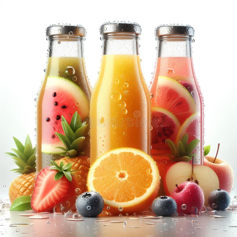 Three Cold Fruit Juice Bottles with Large Drops of Condensation on Them ...
