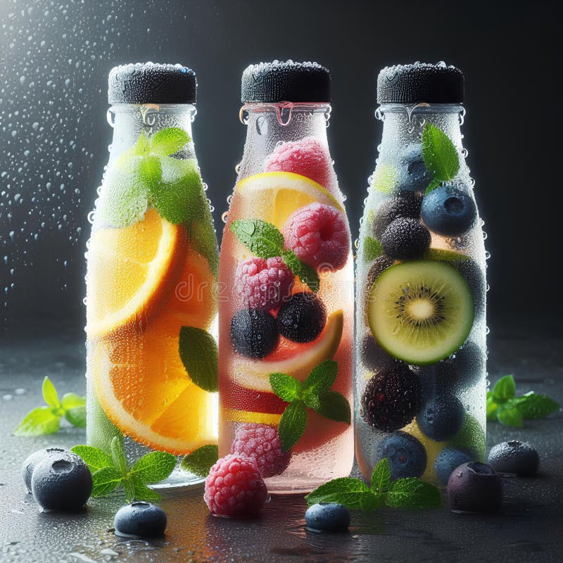 Three Cold Fruit Water Bottles with Large Drops of Condensation on Them ...