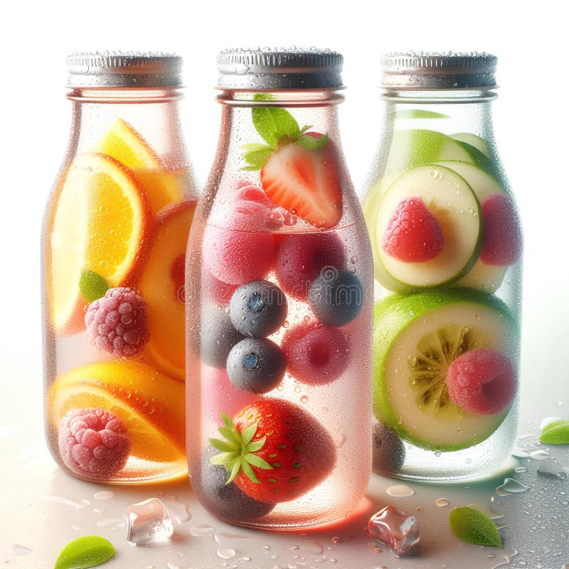 Three Cold Fruit Water Bottles with Large Drops of Condensation on Them ...