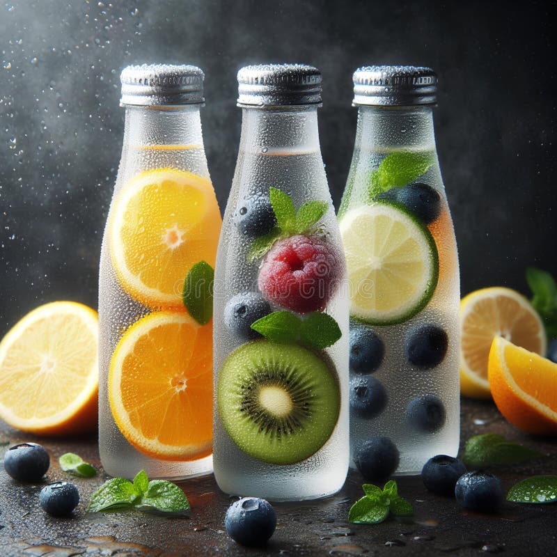 Three Cold Fruit Water Bottles with Large Drops of Condensation on Them ...