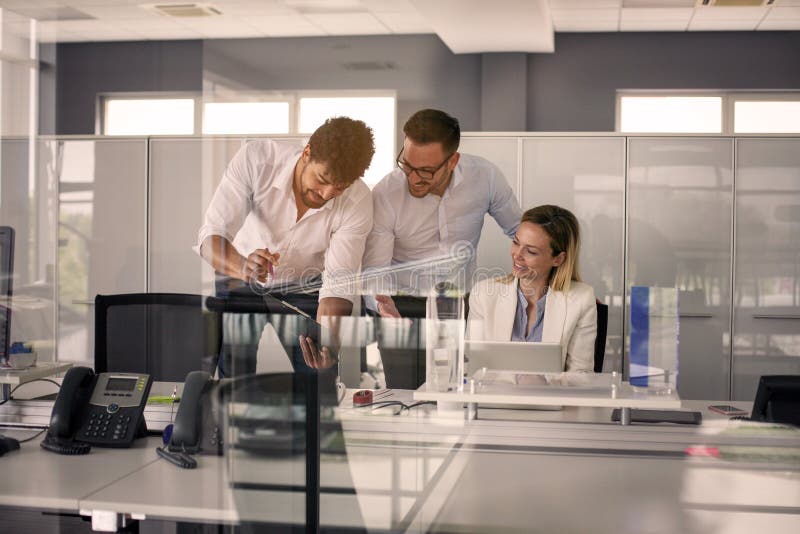 Three Colleague in Office Reading Document. Business People in O Stock ...