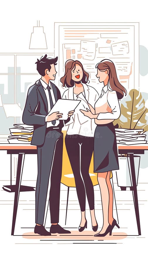 Three Colleagues Discussing Work Collaboratively in a Modern Office ...