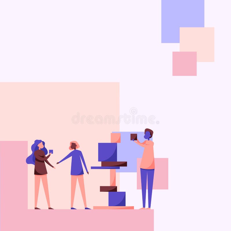 Three Colleagues Drawing Standing Helping Each Other with Building ...