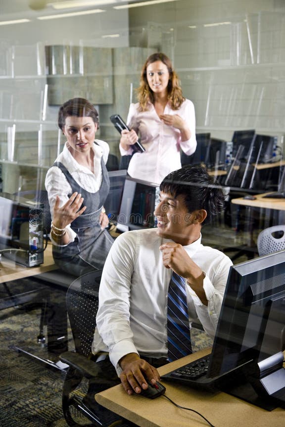 Three College Students in Library Computer Room Stock Photo - Image of ...