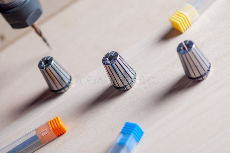 Three Collets of a Cnc Machine, Three Cutters in a Box Stock Image ...