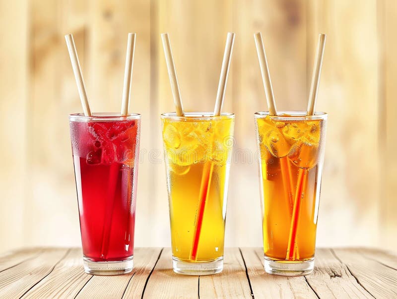 Three Color Fresh Drink in Tall Glass with Bamboo Straw Stock ...