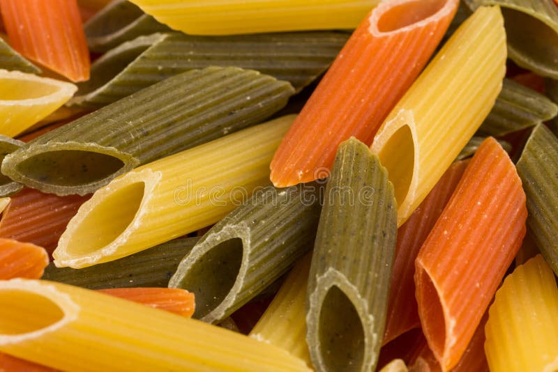 Three color penne pasta stock photo. Image of background - 69263090
