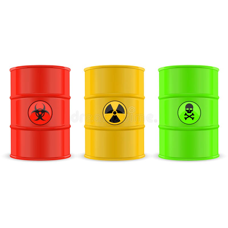 Three Colored Barrels with Hazard Symbols: Biohazard, Radioactive ...