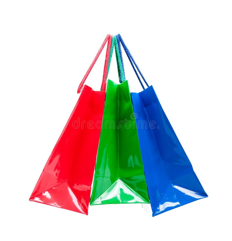 Three Colored Glossy Gift Bags Suspended Together Stock Image - Image ...