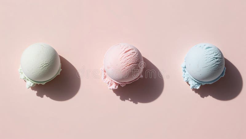 Three Colored Ice Cream Scoops in a Straight Line, Pink Background ...